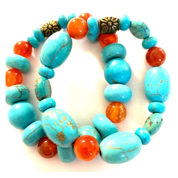 Jewelry | Pair Of Turquoise Amber Colored Stone Bracelets | Poshmark